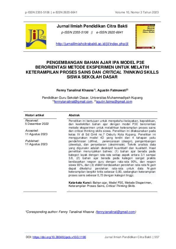 (PDF) Pengembangan Bahan Ajar Ipa Model P3E Berorientasi Metode Eksperimen Untuk Melatih ...