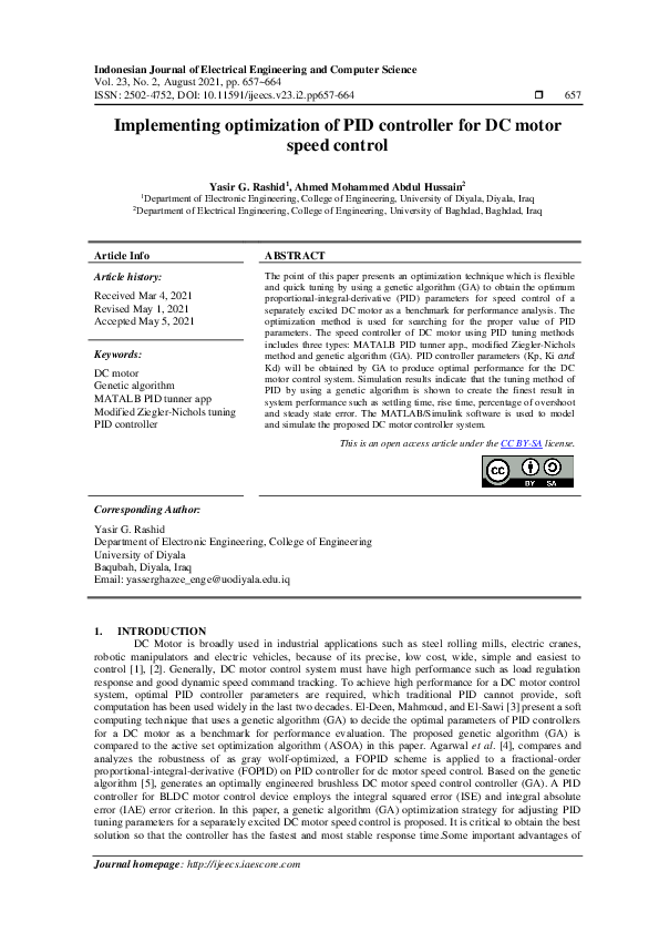 (PDF) Implementing optimization of PID controller for DC motor speed control