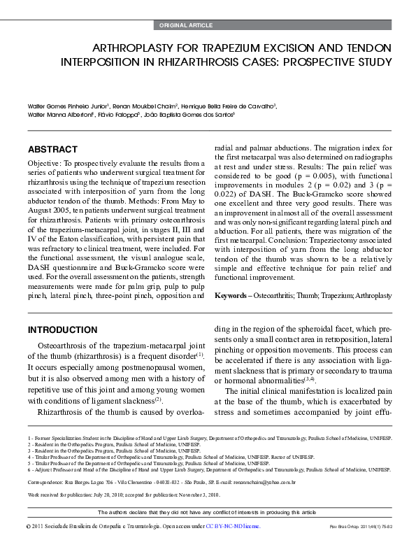 (PDF) Arthroplasty for Trapezium Excision and Tendon Interposition in ...