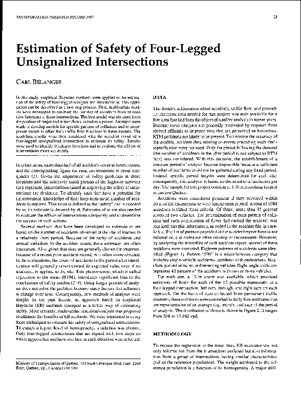 (PDF) Estimation of Safety of Four-Legged Unsignalized Intersections