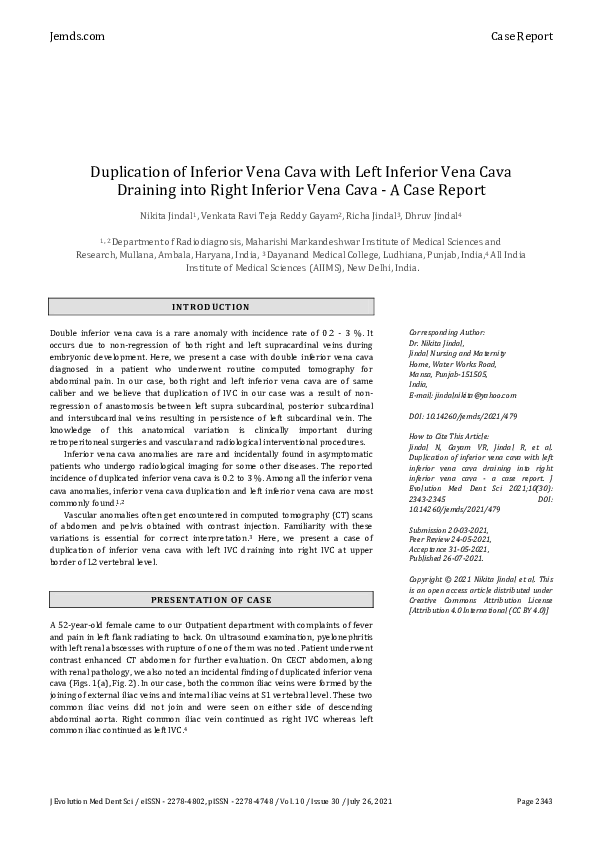(PDF) Duplication of Inferior Vena Cava with Left Inferior Vena Cava Draining into Right ...