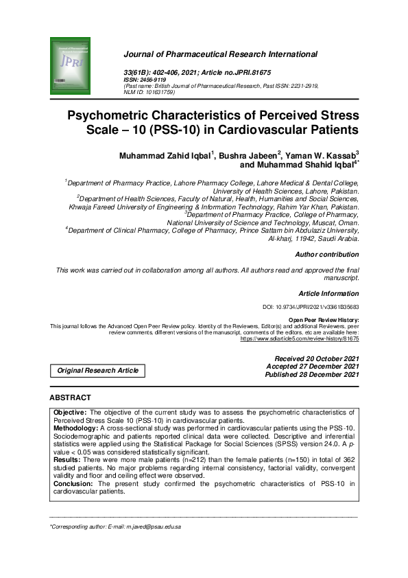 (PDF) Psychometric Characteristics of Perceived Stress Scale – 10 (PSS ...