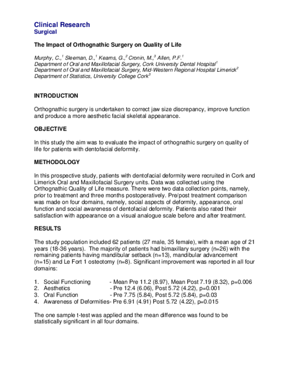 (PDF) Impact of Orthognathic Surgery on Quality of Life