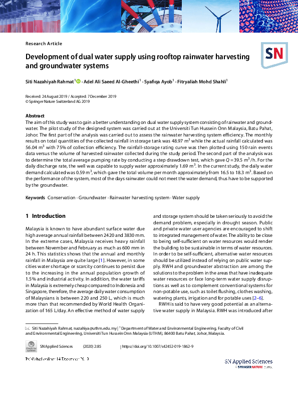 (PDF) Development of dual water supply using rooftop rainwater ...