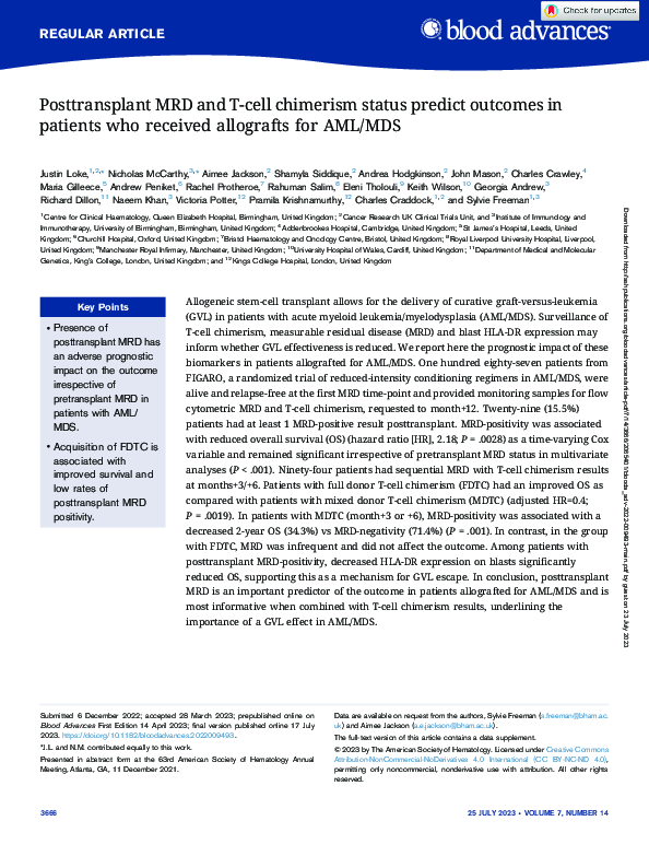 (PDF) Posttransplant MRD and T-cell chimerism status predict outcomes ...