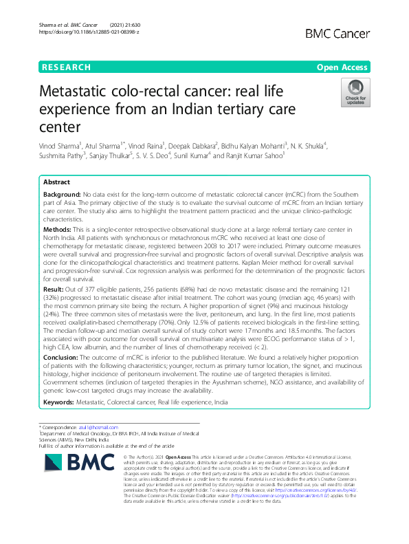 (PDF) Metastatic colo-rectal cancer: real life experience from an ...