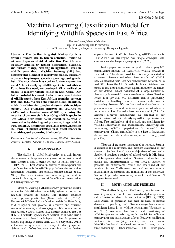 (PDF) Machine Learning Classification Model for Identifying Wildlife Species in East Africa