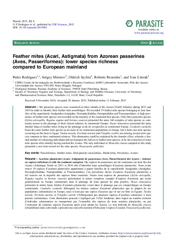 (PDF) Feather mites (Acari, Astigmata) from Azorean passerines (Aves ...