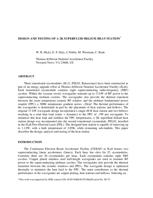 (PDF) Design and Testing of a 2K Superfluid Helium Heat Station