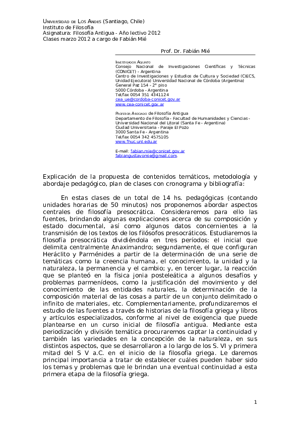 (DOC) Course Ancient Philosophy University of los Andes (Santiago, Chile)