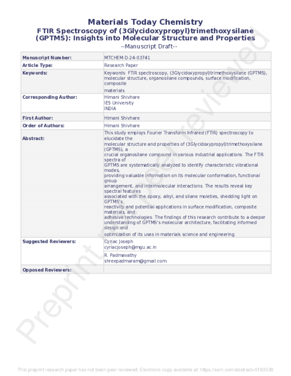 (PDF) FTIR Spectroscopy of (3Glycidoxypropyl)trimethoxysilane (GPTMS ...
