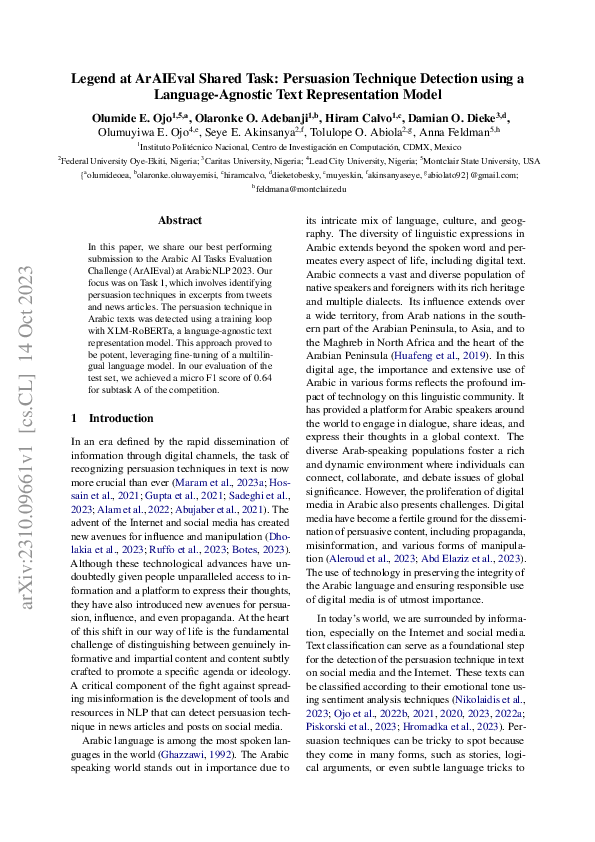 (PDF) Legend at ArAIEval Shared Task: Persuasion Technique Detection ...