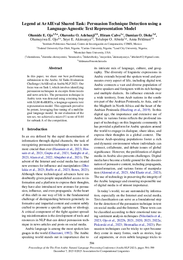 (PDF) Legend at ArAIEval Shared Task: Persuasion Technique Detection ...