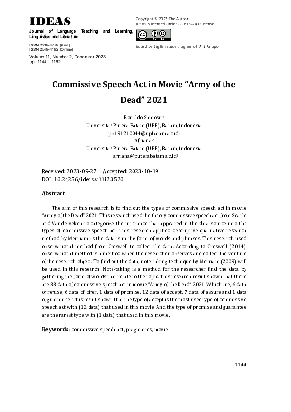(PDF) Commissive Speech Act in Movie “Army of the Dead” 2021