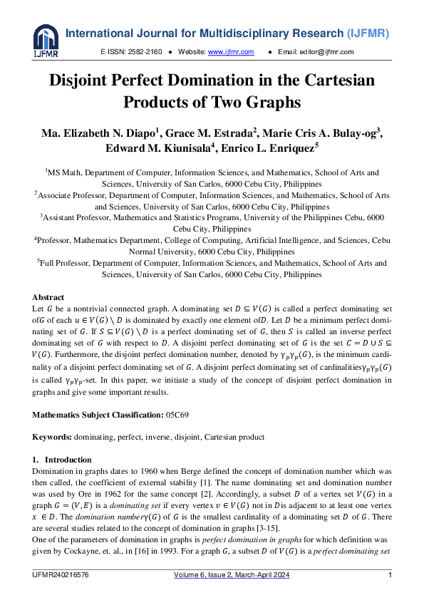 (PDF) Disjoint Perfect Domination in the Cartesian Product of Two Graphs