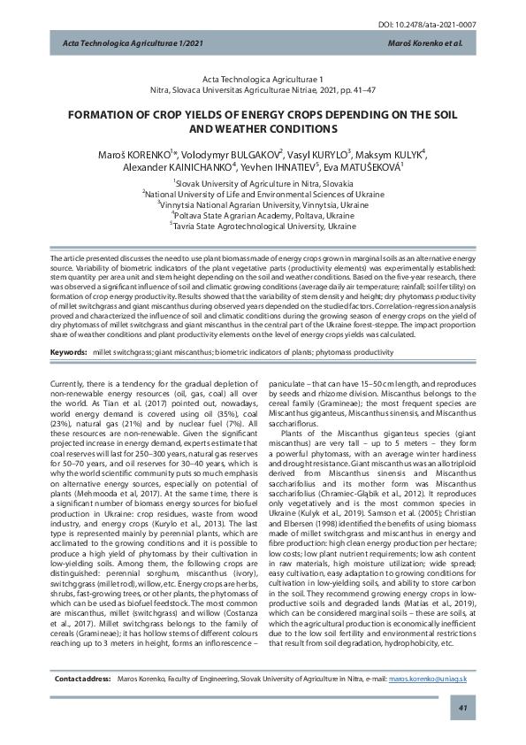 (PDF) Formation of Crop Yields of Energy Crops Depending on the Soil ...
