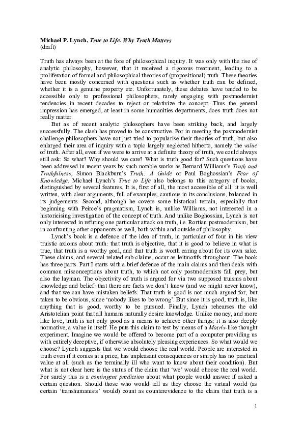 (PDF) Review of Michael P. Lynch, True to Life. Why Truth Matters