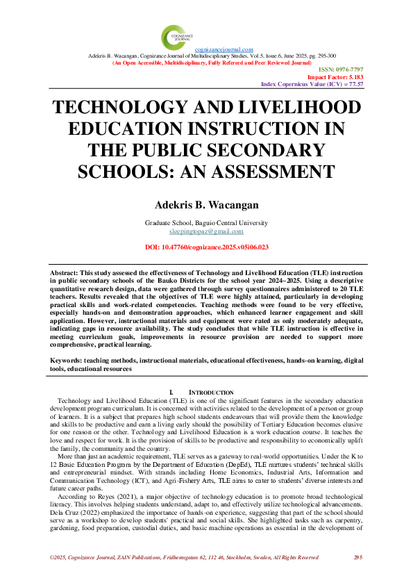 (PDF) TECHNOLOGY AND LIVELIHOOD EDUCATION INSTRUCTION IN THE PUBLIC ...