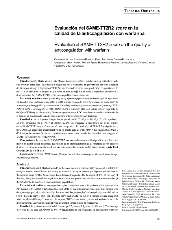 (PDF) Evaluación del SAME-TT2R2 score en la calidad de la ...