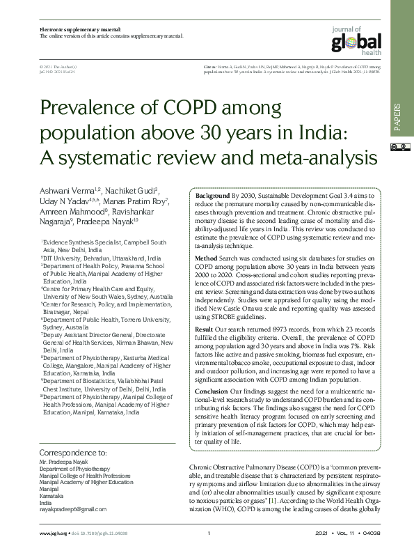 (PDF) Prevalence of COPD among population above 30 years in India: A ...
