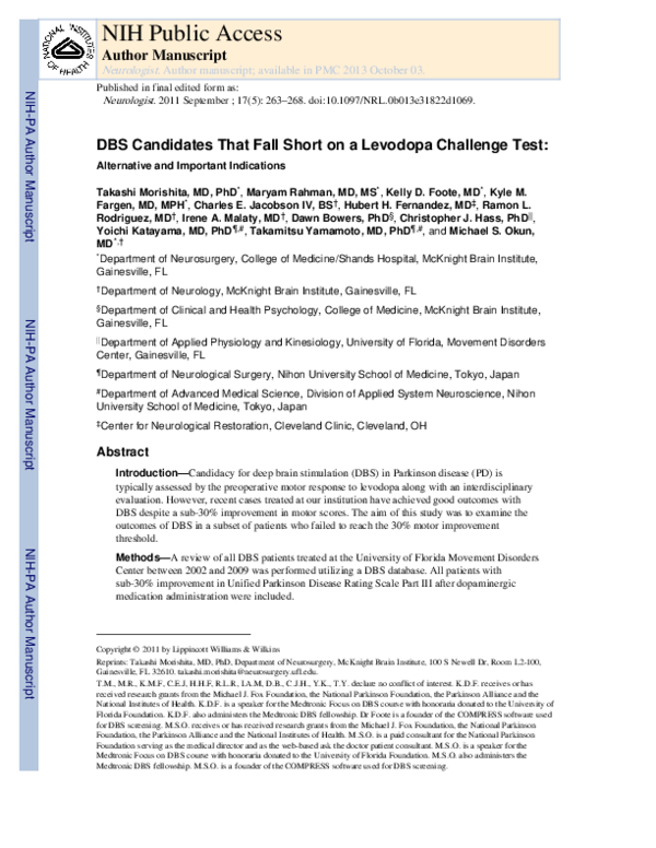 (PDF) DBS Candidates That Fall Short on a Levodopa Challenge Test