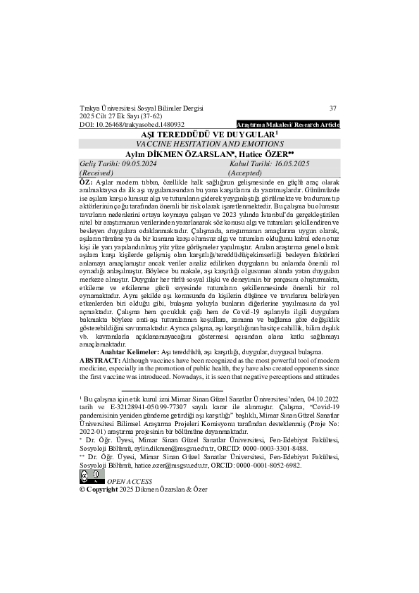 (PDF) AŞI TEREDDÜDÜ VE DUYGULAR 1 VACCINE HESITATION AND EMOTIONS Aylın DİKMEN ÖZARSLAN , Hatice ...