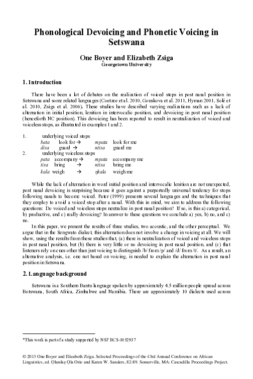 (PDF) Phonological Devoicing and PhoneticVoicing in Setswana
