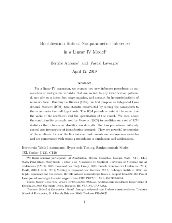 Pdf Identification Robust Nonparametric Inference In A Linear Iv Model