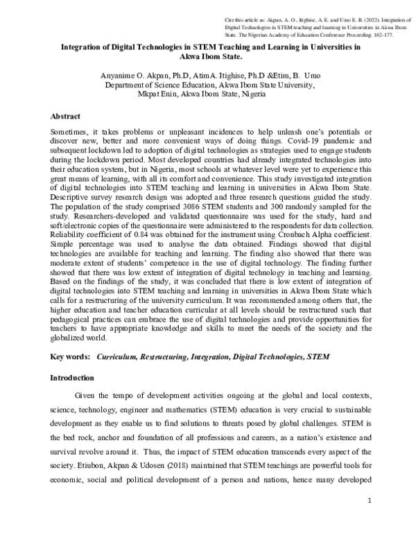 (PDF) Integration of Digital Technologies in STEM teaching and learning ...