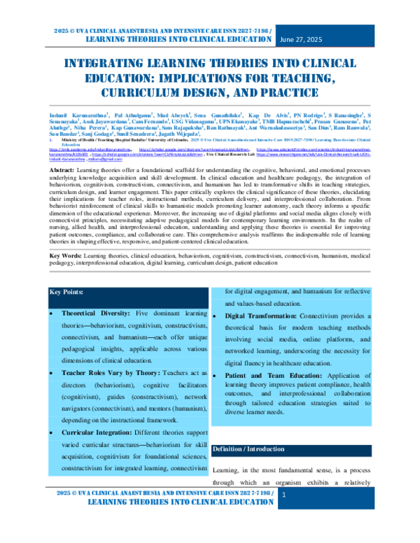 (PDF) Integrating Learning Theories into Clinical Education Implications for Teaching ...