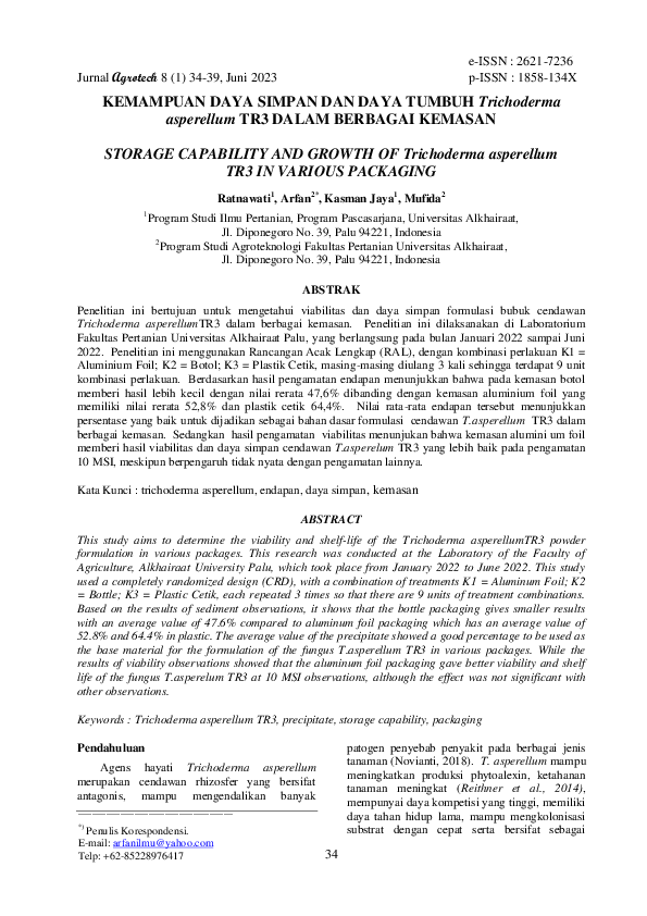 (PDF) KEMAMPUAN DAYA SIMPAN DAN DAYA TUMBUH Trichoderma asperellum TR3 DALAM BERBAGAI KEMASAN