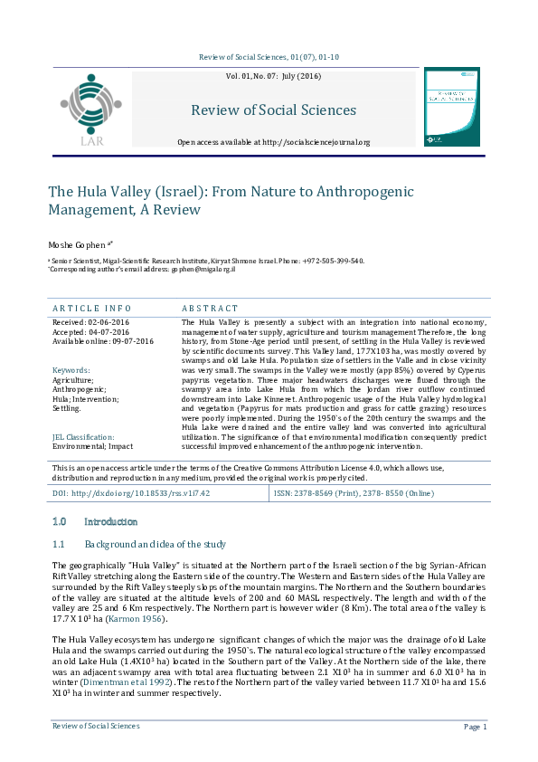 (PDF) The Hula Valley (Israel): From Nature to Anthropogenic Management ...