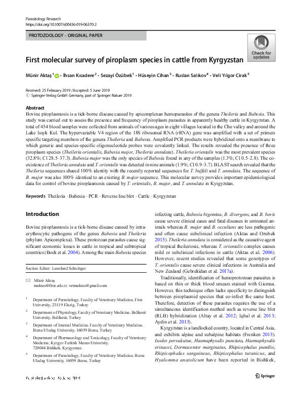 (PDF) First molecular survey of piroplasm species in cattle from Kyrgyzstan