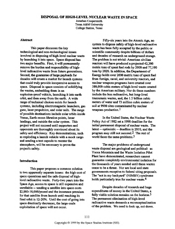(PDF) Disposal of high-level nuclear waste in space