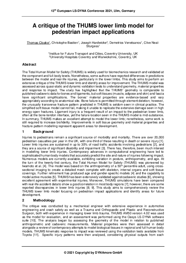 (PDF) A critique of the THUMS lower limb model for pedestrian impact ...