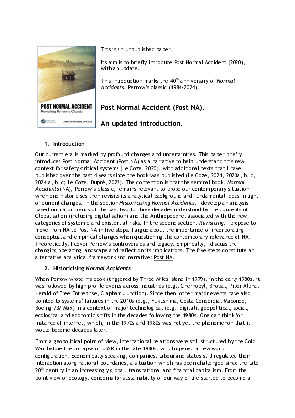 (PDF) Post Normal Accident. An updated Introduction.