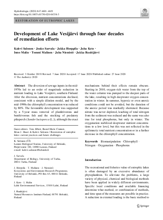 (PDF) Development of Lake Vesijärvi through four decades of remediation ...