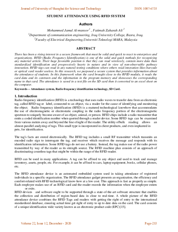 (PDF) STUDENT ATTENDANCE USING RFID SYSTEM Authors