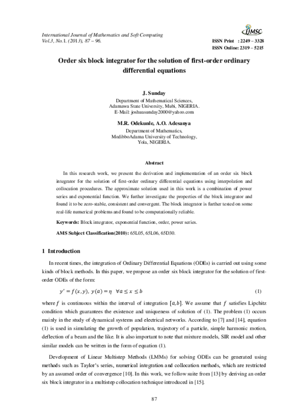 (PDF) Order Six Block Integrator for the Solution of First-Order ...