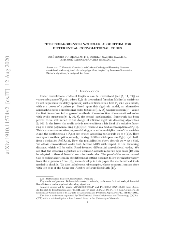 (PDF) Peterson-Gorenstein-Zierler algorithm for differential convolutional codes