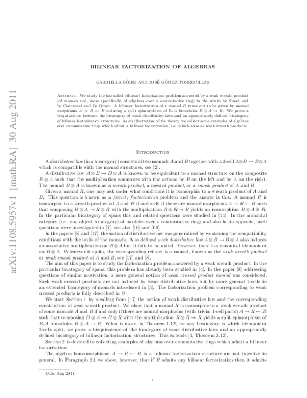 (PDF) Bilinear factorization of algebras