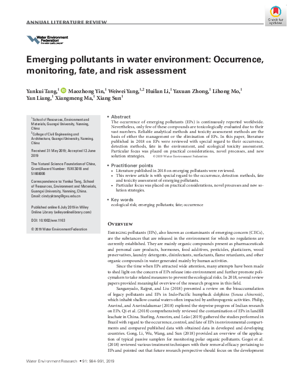 (PDF) Emerging pollutants in water environment: Occurrence, monitoring, fate, and risk assessment