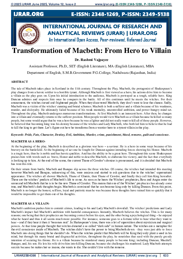 (PDF) Transformation of Macbeth: From Hero to Villain By Dr.Rashmi Vajpayee