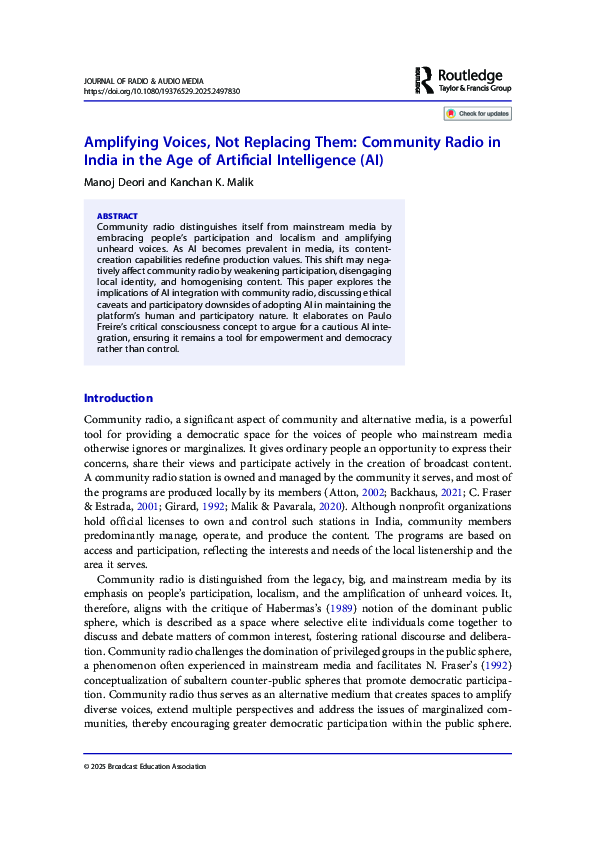 (PDF) Amplifying Voices, Not Replacing Them: Community Radio in India in the Age of Artificial ...