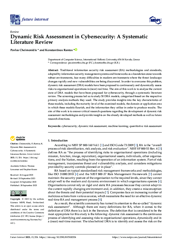 (PDF) Dynamic Risk Assessment in Cybersecurity: A Systematic Literature Review