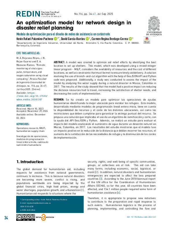 (PDF) An optimization model for network design in disaster relief planning