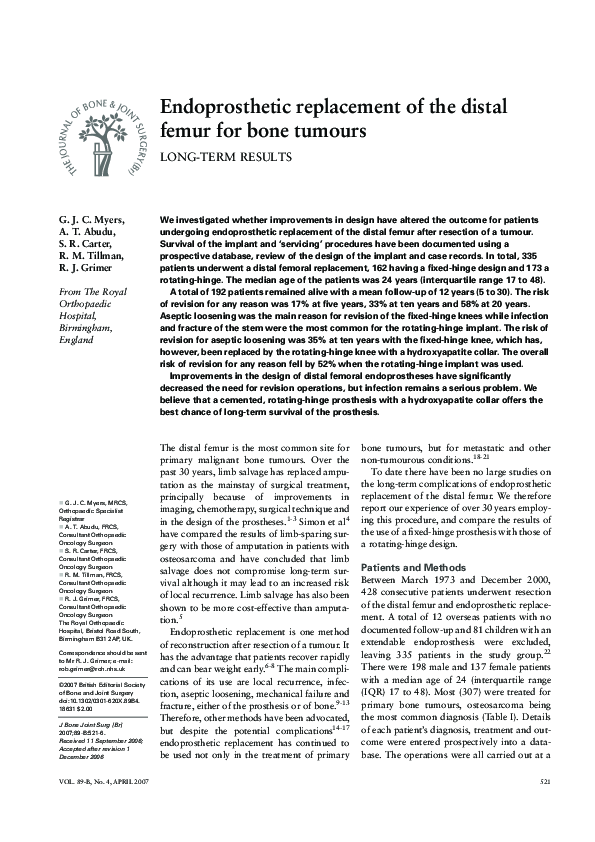 (PDF) Endoprosthetic replacement of the distal femur for bone tumours