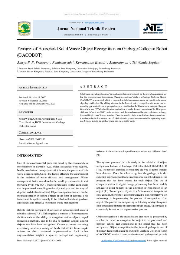 (PDF) Features of Household Solid Waste Object Recognition on Garbage Collector Robot (GACOBOT)