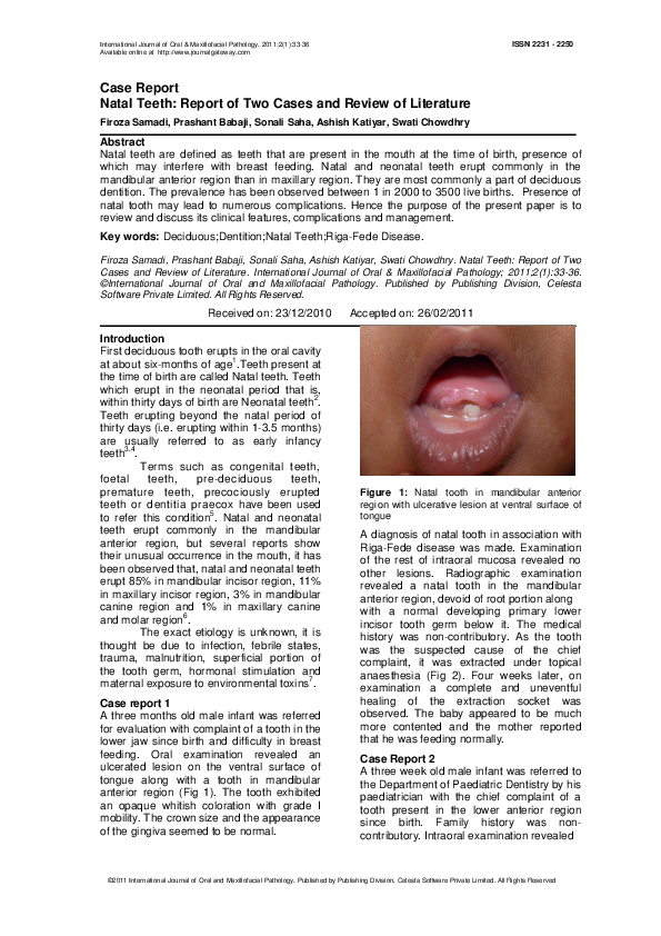 (PDF) Natal Teeth: Report of Two Cases and Review of Literature