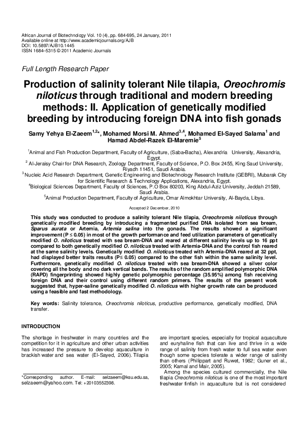 (PDF) Production of salinity tolerant Nile tilapia, Oreochromis ...